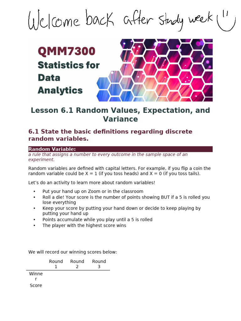 Lesson 6 1 Random Variables Expectation And Variance Complete Pdf