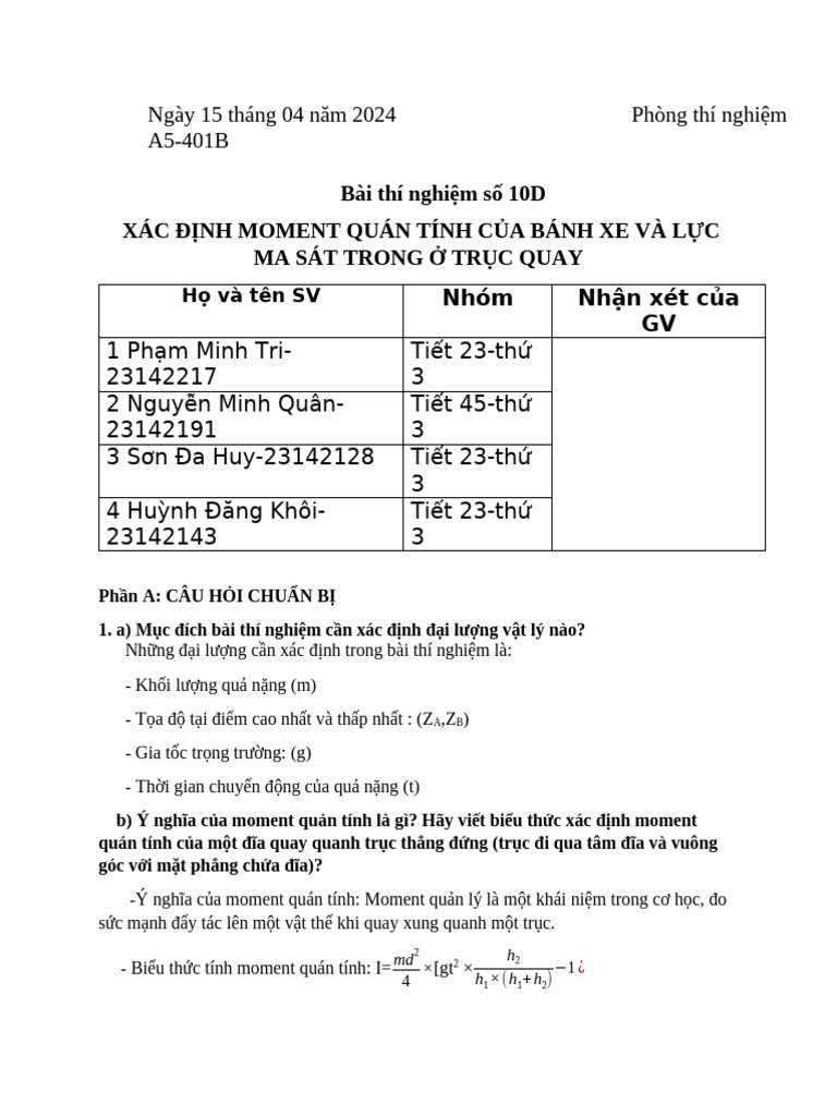 Bài 10D Mômen Quán Tính C A Bánh Xe Và L C Ma Sát Trong TR C Quay | PDF