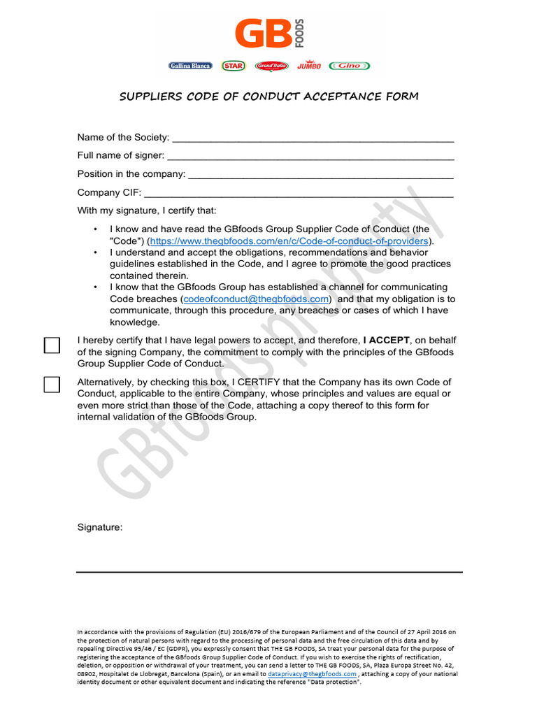 GBfoods Supplier Code Acceptance Form | PDF | Finance & Money Management