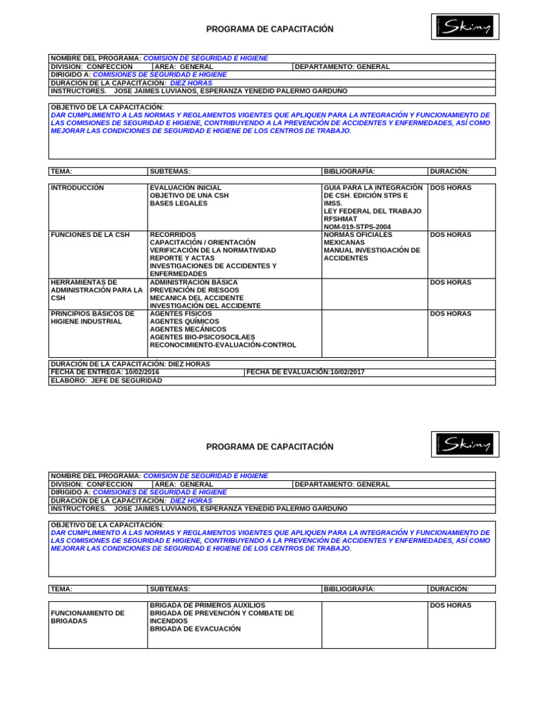 Programa de Capacitacion CSH Skiny | PDF
