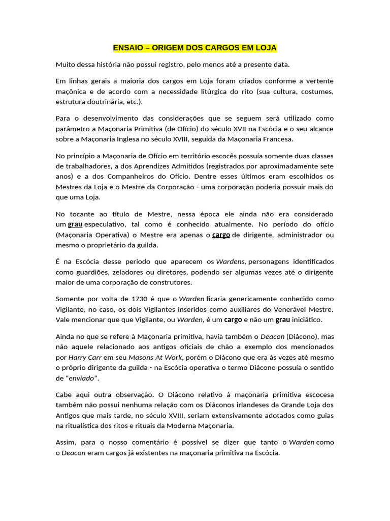 Origem Dos Cargos em Loja | PDF | Loja Maçônica | Maçonaria