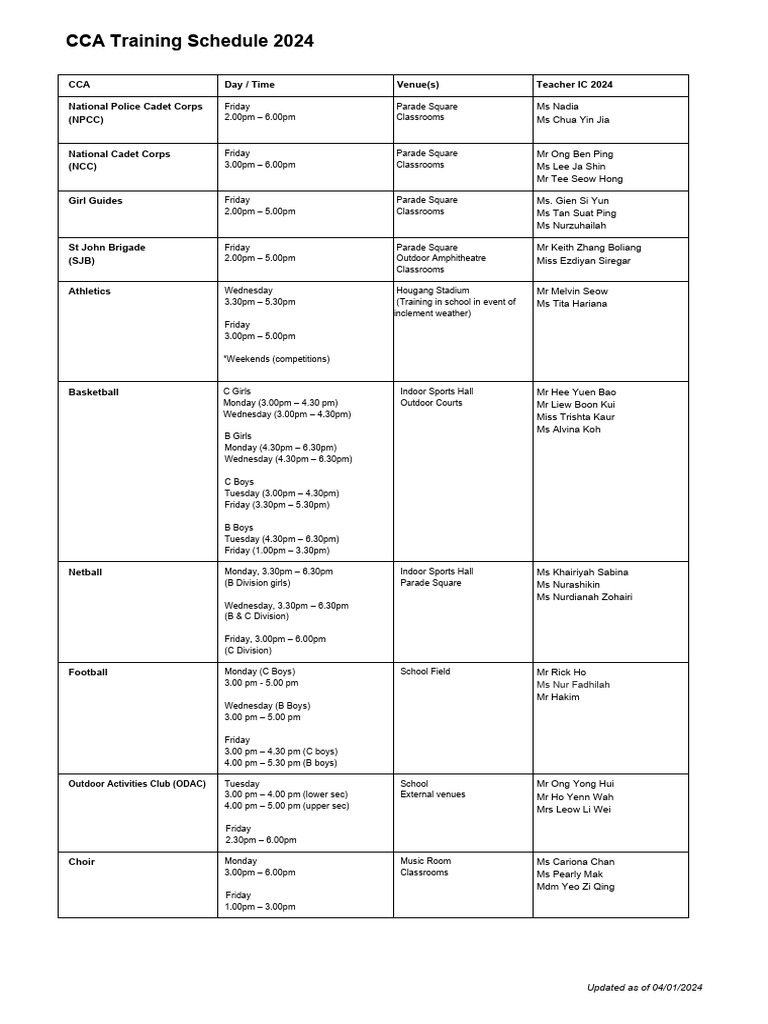 CCA Training Schedule 2024 | PDF