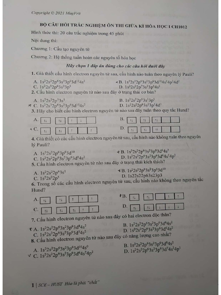 Bộ câu hỏi ôn tập hóa 1 GK | PDF