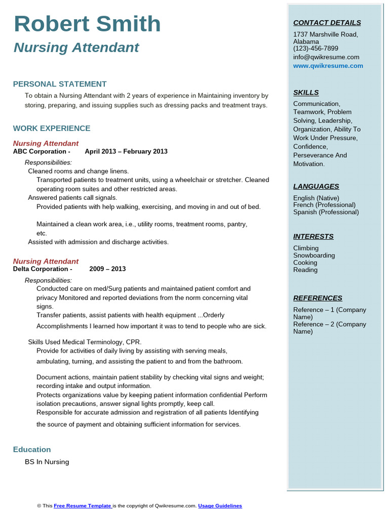 Nursing Attendant Resume4 | PDF | Patient | Nursing