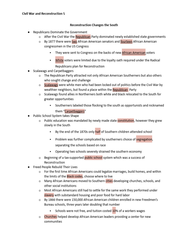 Reconstruction Changes The South Notes | PDF | Reconstruction Era | The ...