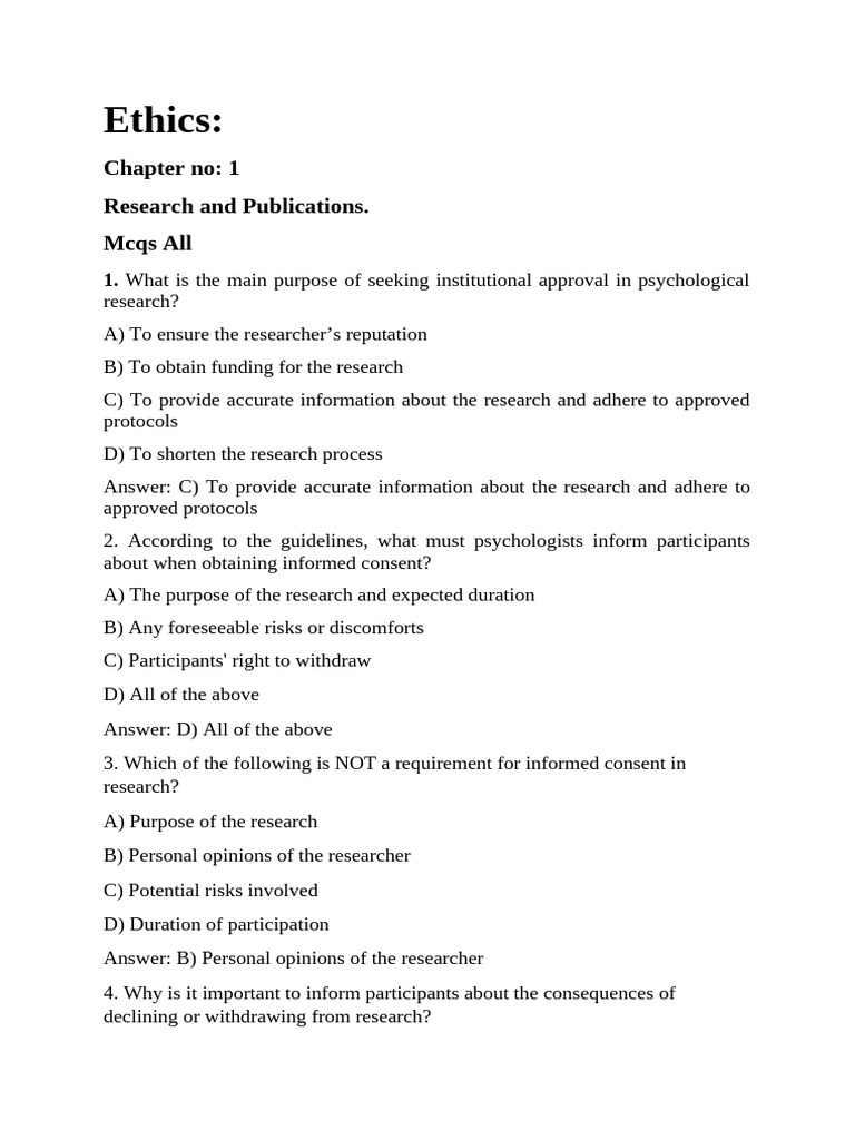 Ethics Mcqs and Case Studies | PDF | Informed Consent | Psychotherapy