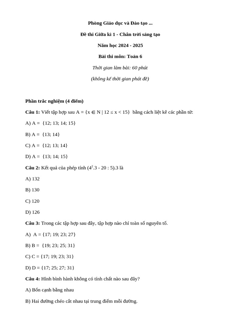 De Thi Giua Ki 1 Toan 6 CTST | PDF