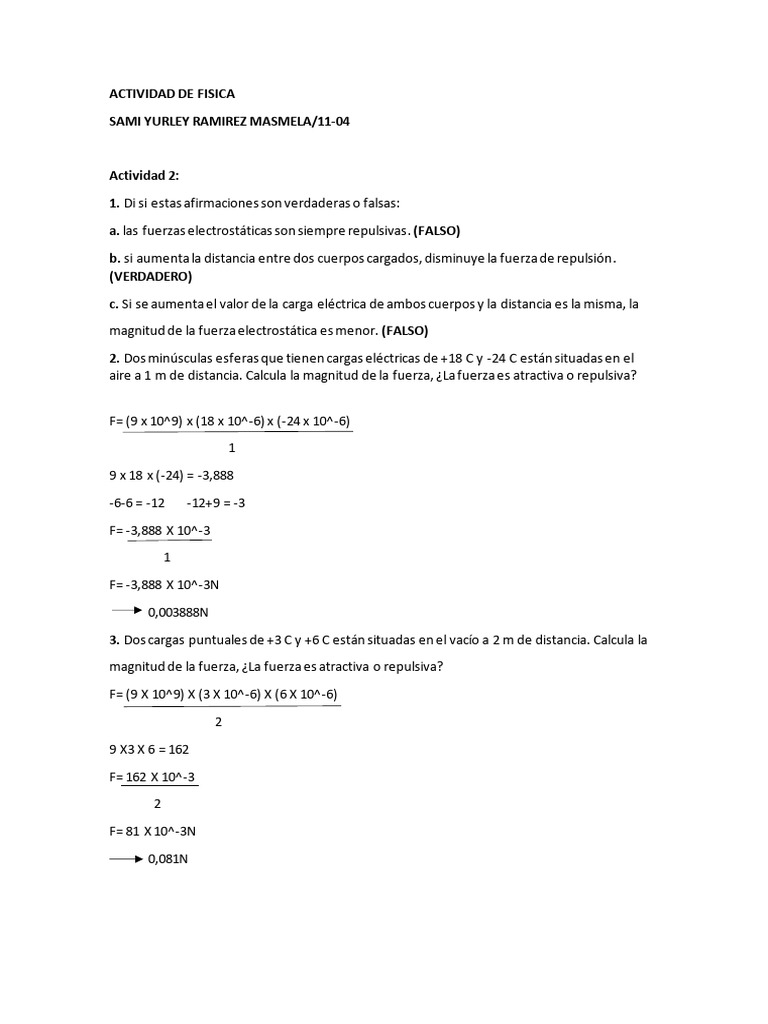 Actividad de Fisica Sami Yurley Ramirez Masmela/11-04 | PDF