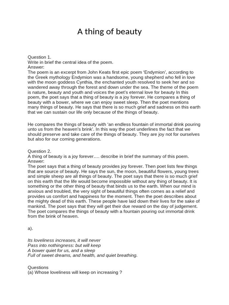 A Thing of Beauty: Questions & Answers | PDF
