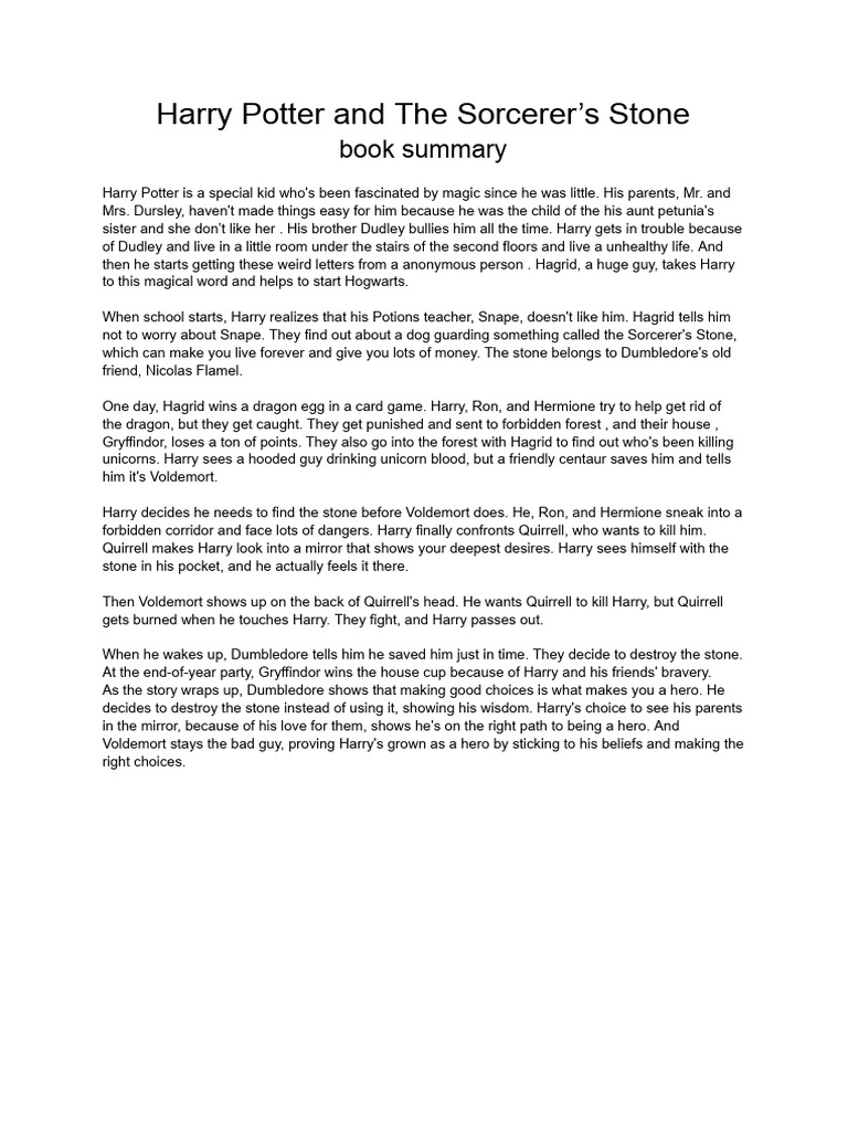 Harry Potter Sorcerer's Stone Summary | PDF | Fantasy | Contemporary ...