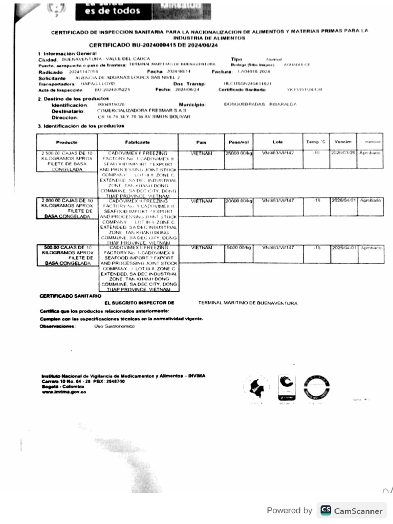 Certificado de Importación Pescado Basa | PDF