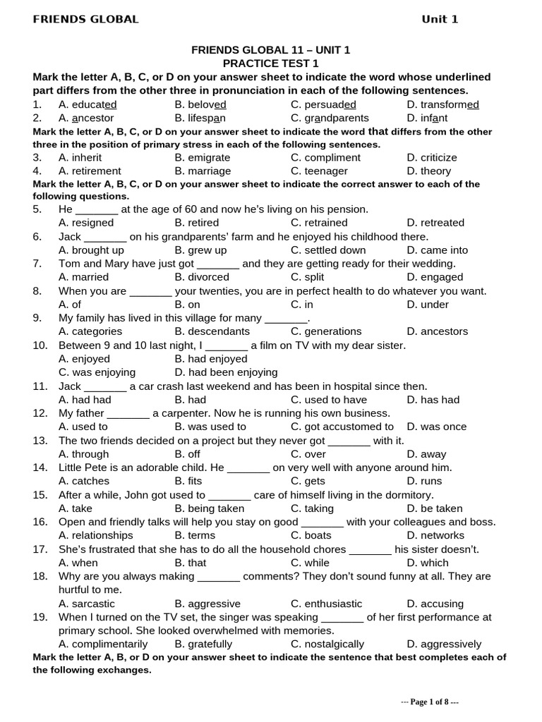 Tieng Anh 11 Friends Global - Unit 1 - Test 1 | PDF | Adolescence ...