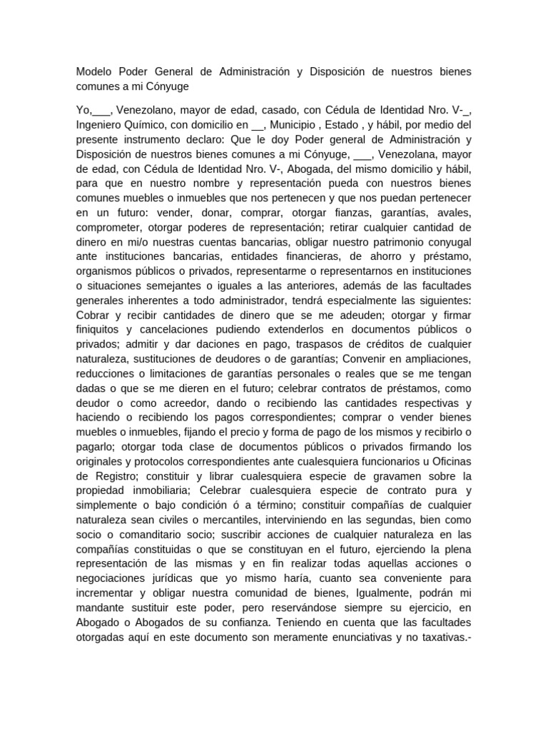Modelo Poder General de Administración y Disposición de Nuestros Bienes ...