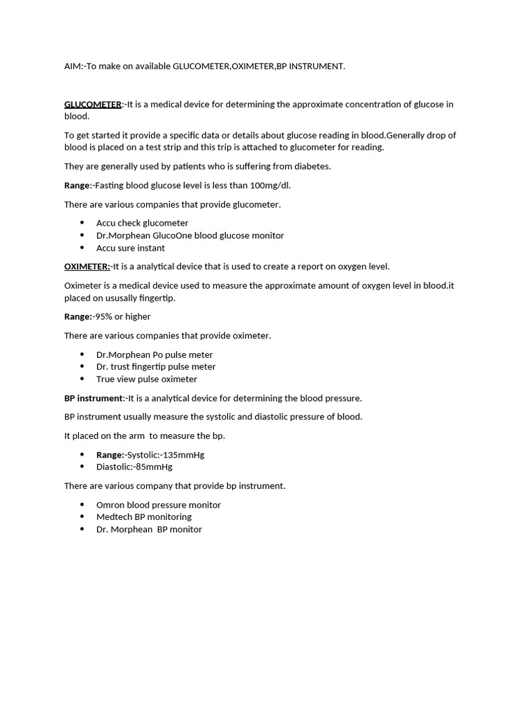 Essential Medical Devices: Glucometer, Oximeter, BP Monitor | PDF | Wellness