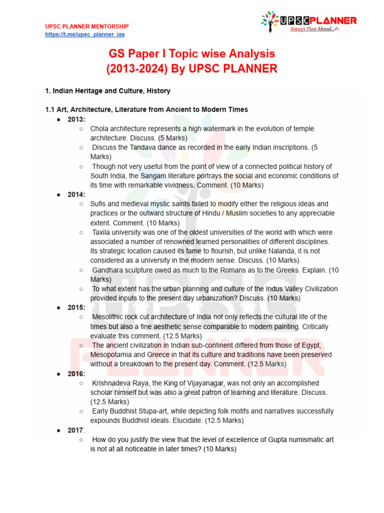 Gs 1 Pyq Topicwise by Upsc Planner | PDF | Indian Independence Movement | British Raj