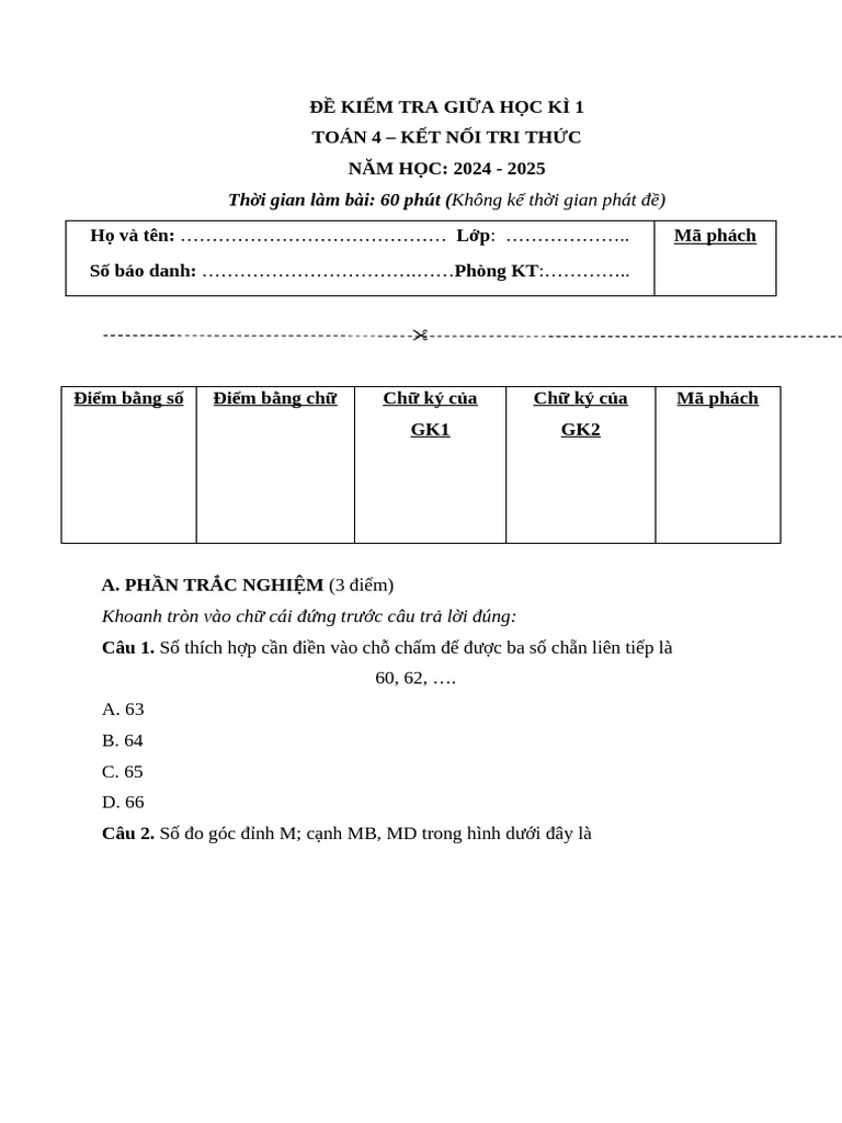 De Thi GK1 Mon Toan 4 KNTT de 2 | PDF