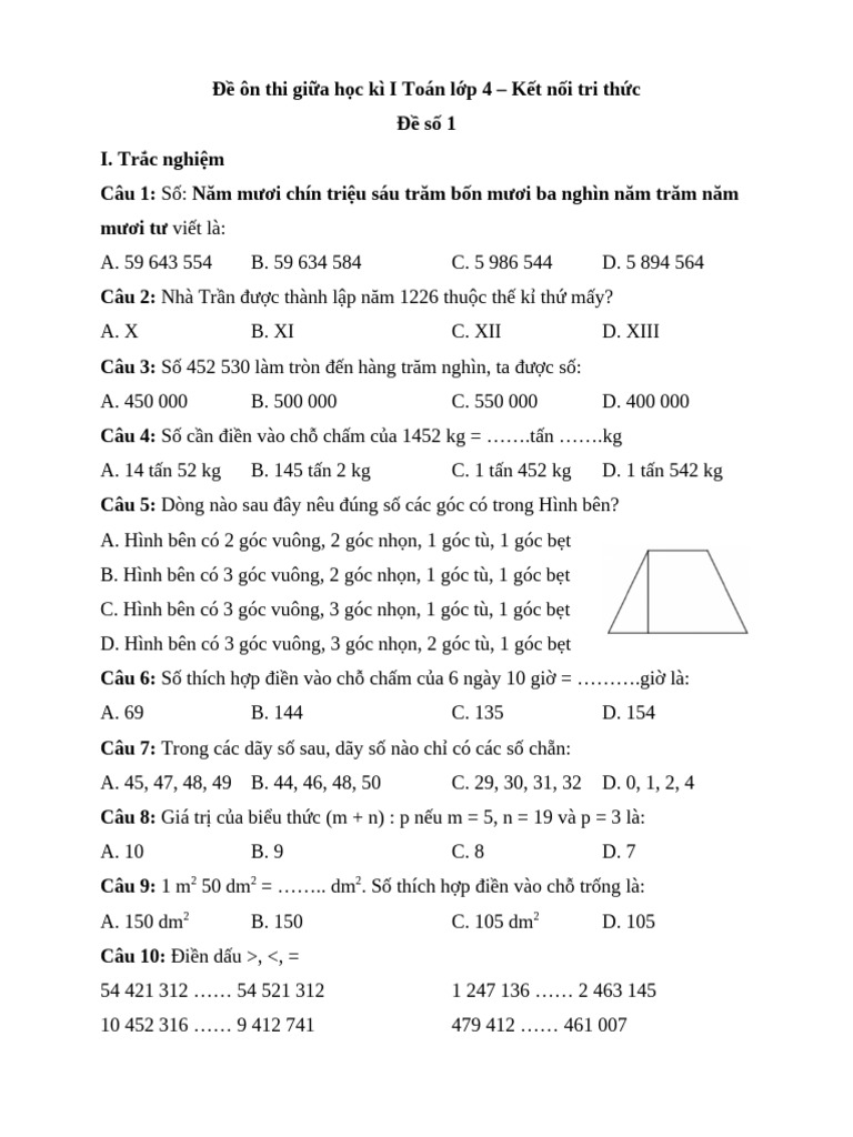 De On Thi Giua Hoc Ki I Toan Lop 4 KNTT de 1 | PDF