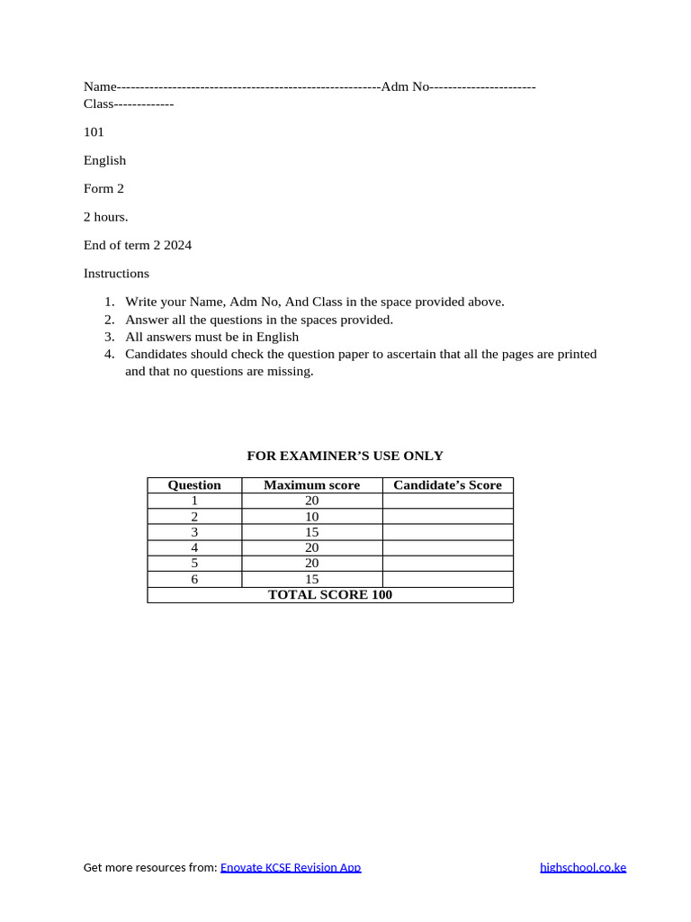 English Form 2 Opener Term 3 2024 MS | PDF | Disciplines | Teachers