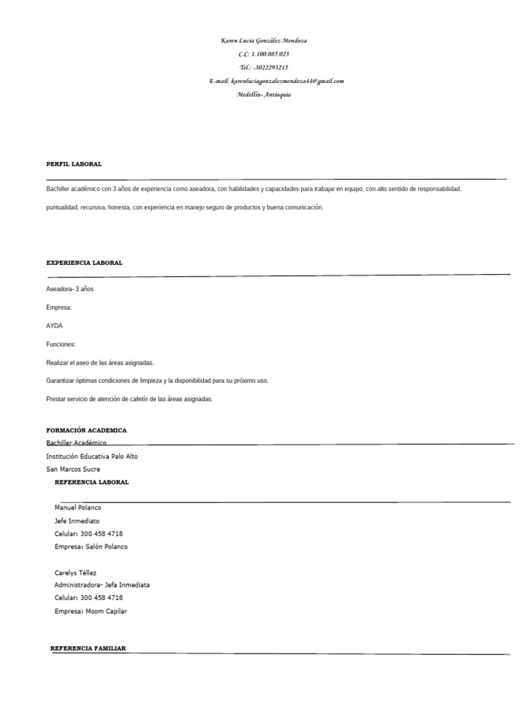 Perfil y Experiencia de Aseadora | PDF