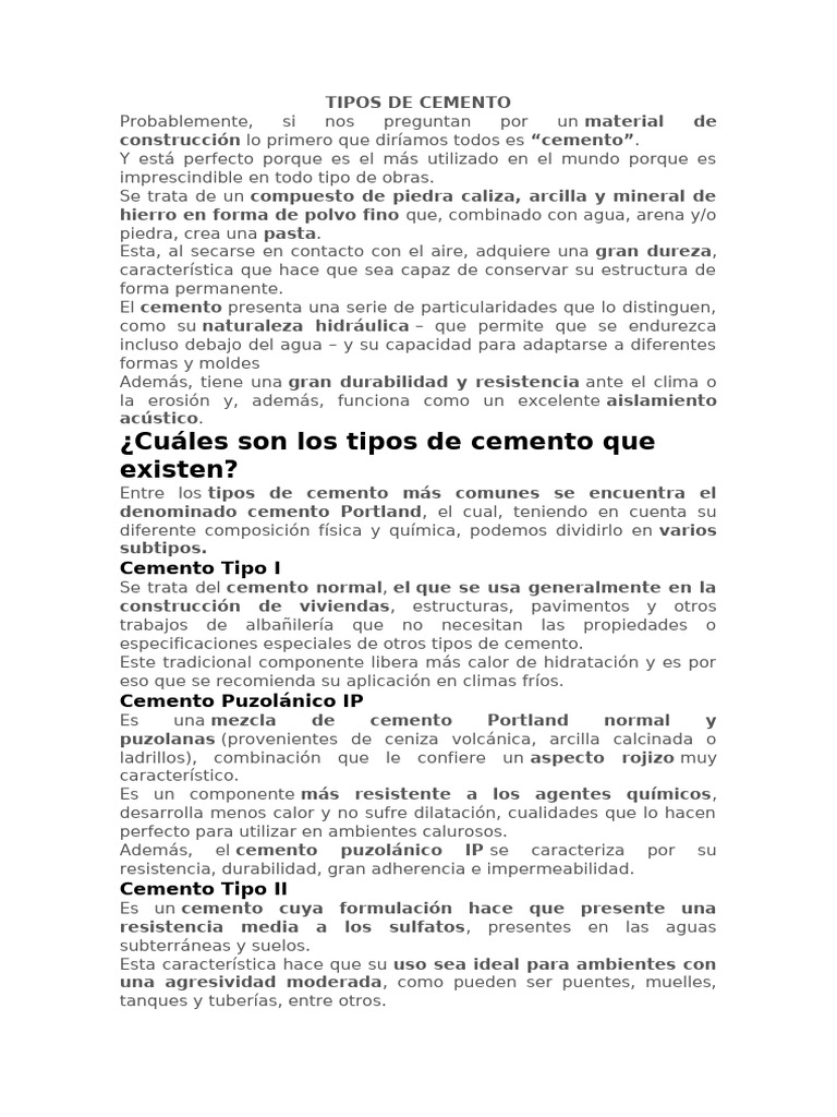 Tipos de Cemento | PDF | Cemento | Materiales