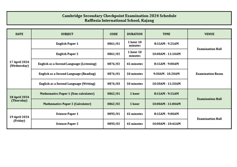 Y9 Checkpoint Exam Schedule - 2024 | PDF