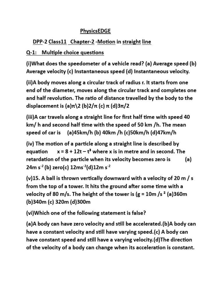 Class 11 DPP-2-1 | PDF | Velocity | Speed