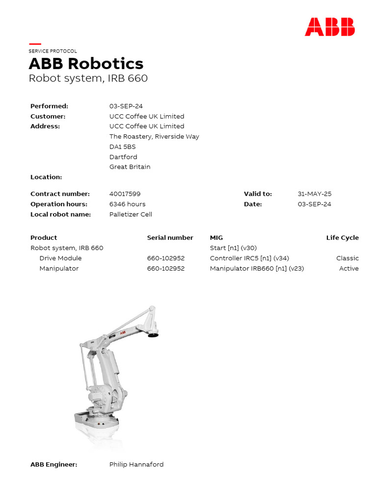 ABB IRB 660 Service Protocol Summary | PDF | Motor Oil | Electrical ...