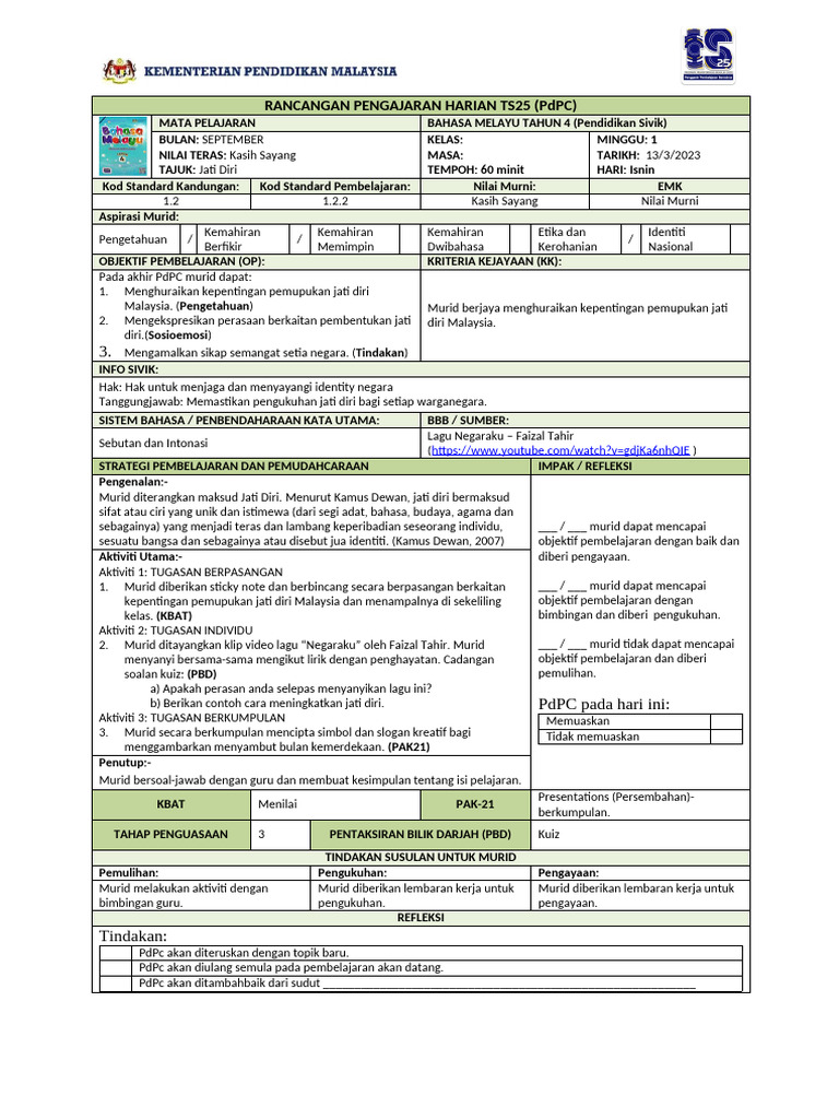 Rancangan Pengajaran Jati Diri Tahun 4 | PDF | Karier & Perkembangan ...