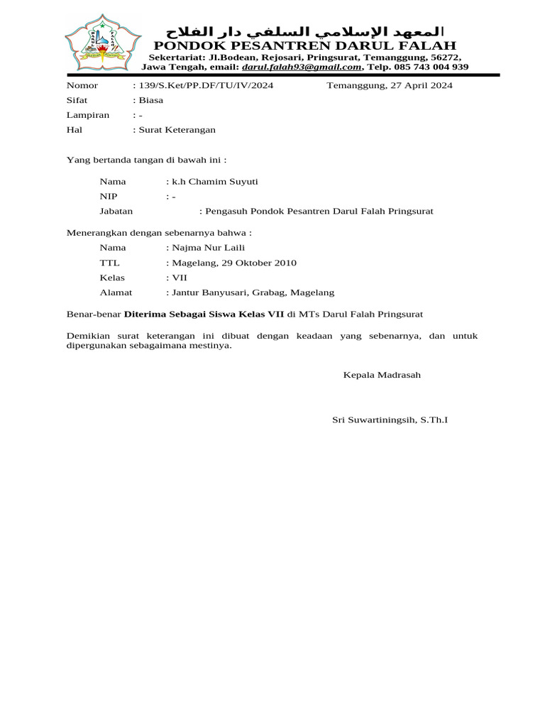 Surat Keterangan DITERIMA Pondok | PDF