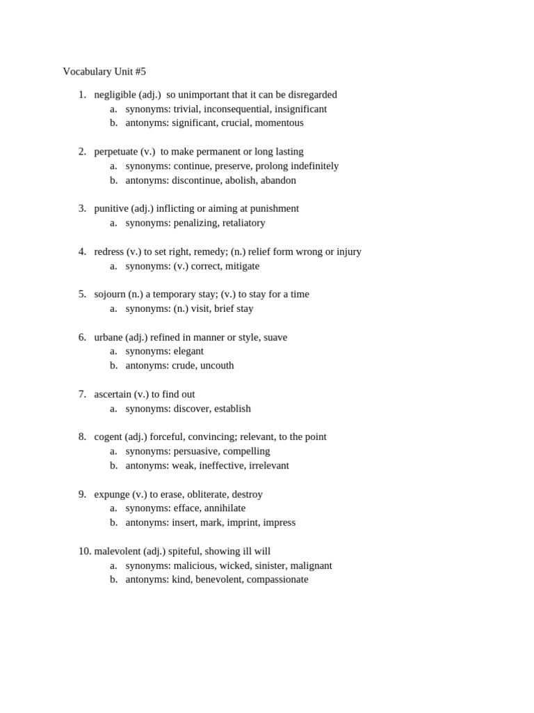 Vocabulary Unit 5 | PDF