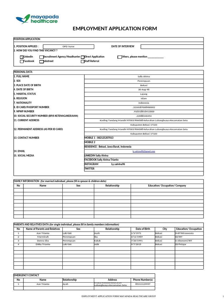 Application Form - Mayapada Healthcare Group Salinan | PDF | Employment ...
