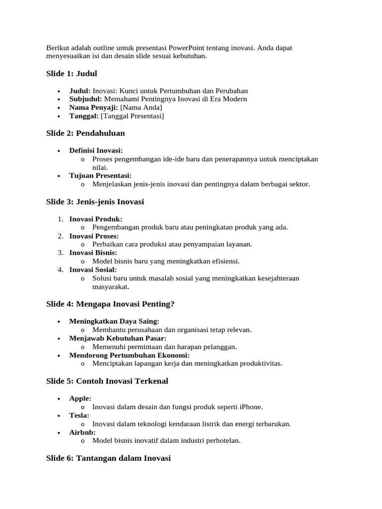Berikut Adalah Outline Untuk Presentasi PowerPoint Tentang Inovasi | PDF