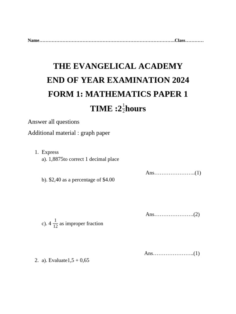 FORM 1 MATHEMATICS Paper 1 | PDF | Numbers | Mathematical Concepts