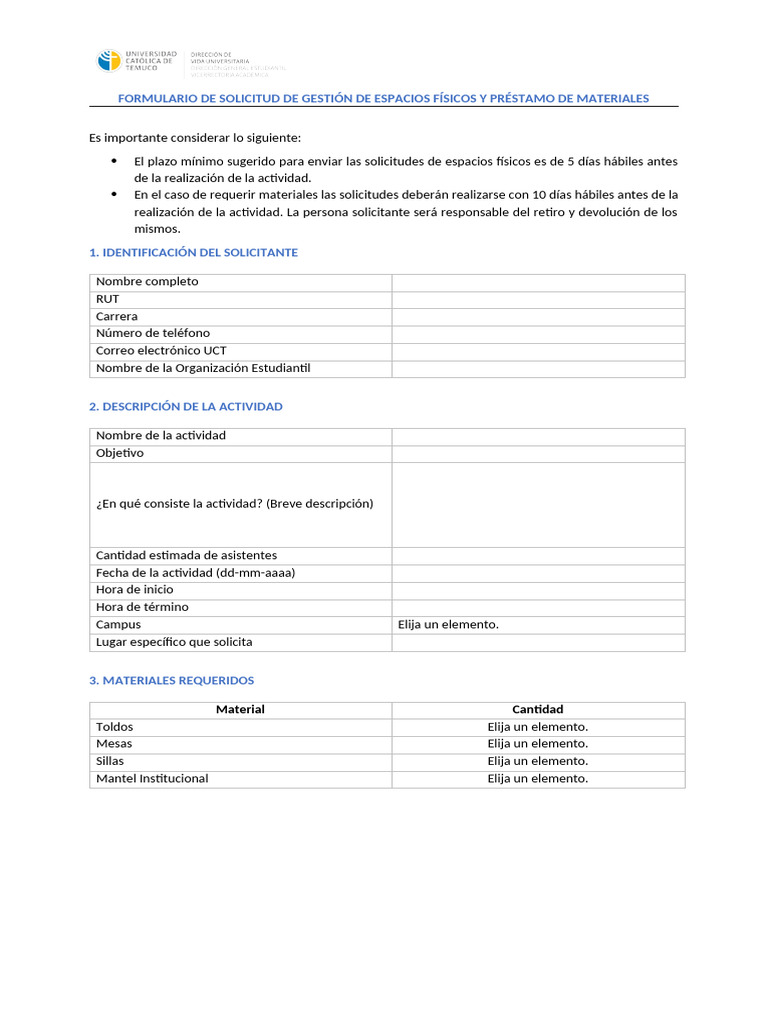 Formulario de Solicitud de Espacios Físicos y Materiales | PDF
