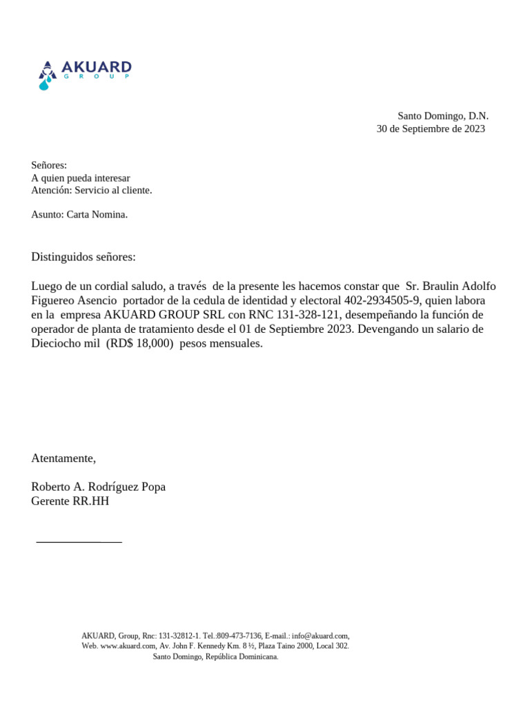 Carta Cuenta Nomina BRAULI | PDF