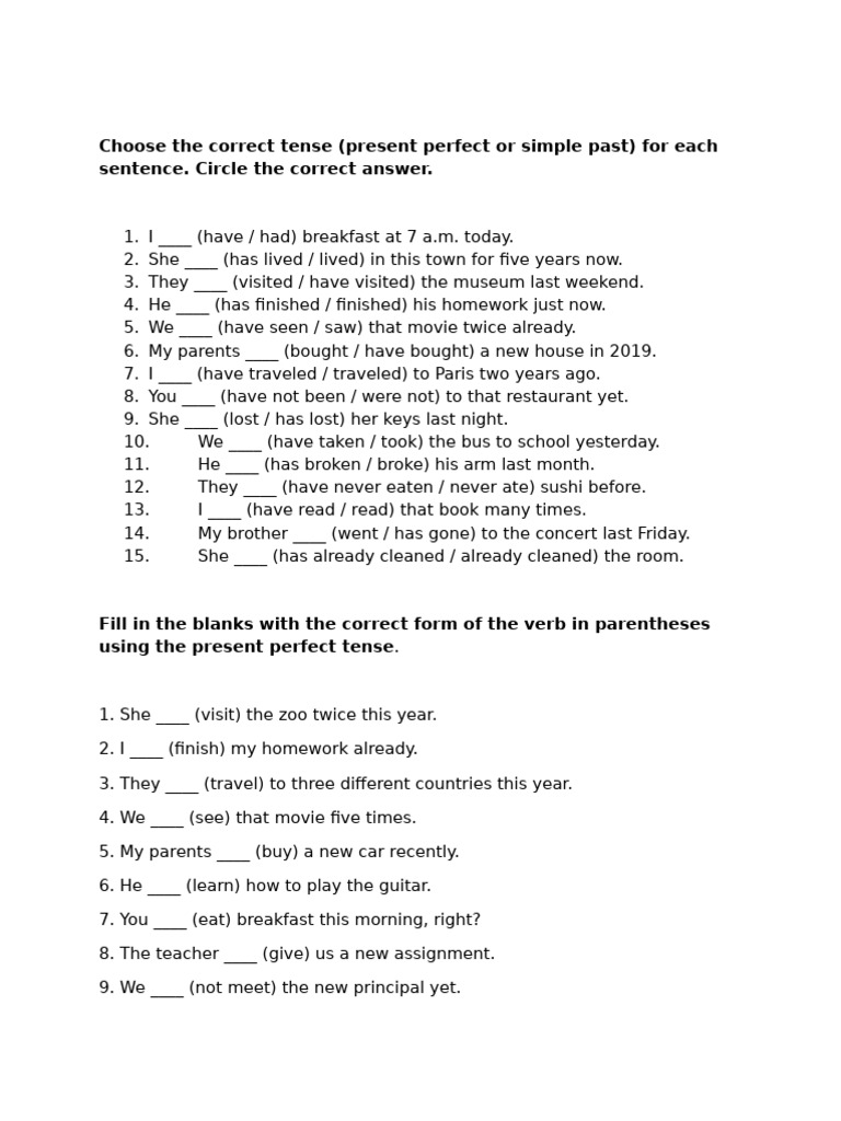Present Perfect Tense Worksheet | PDF