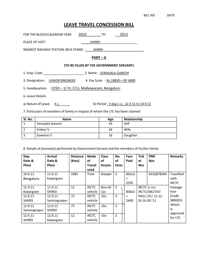 Leave Travel Concession Bill: (To Be Filled by The Government Servant ...