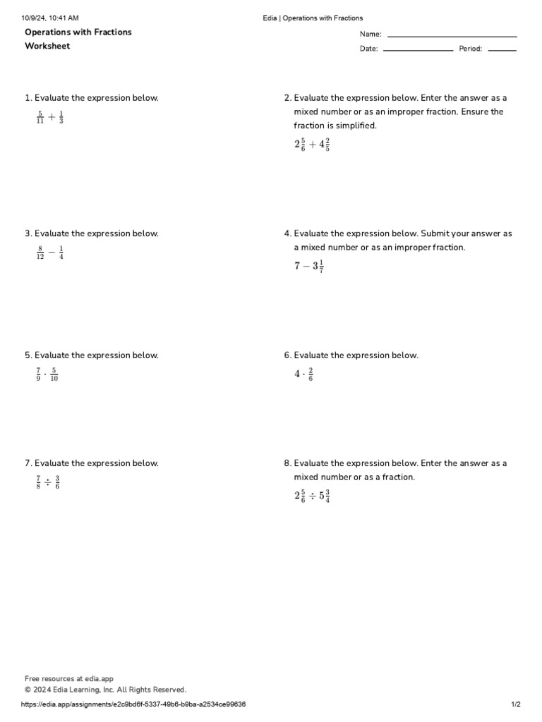 Unit 1 - Quiz 5 Operations With Fractions | PDF | Mathematical Objects ...