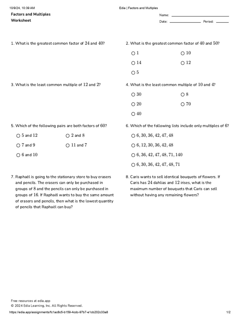 Unit 1 - Quiz 4 Factors and Multiples | PDF | Discrete Mathematics ...
