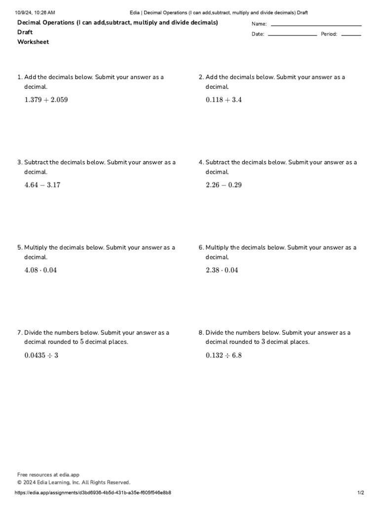 Unit1 - Quiz2 Decimal Operations (I Can Add, Subtract, Multiply and ...