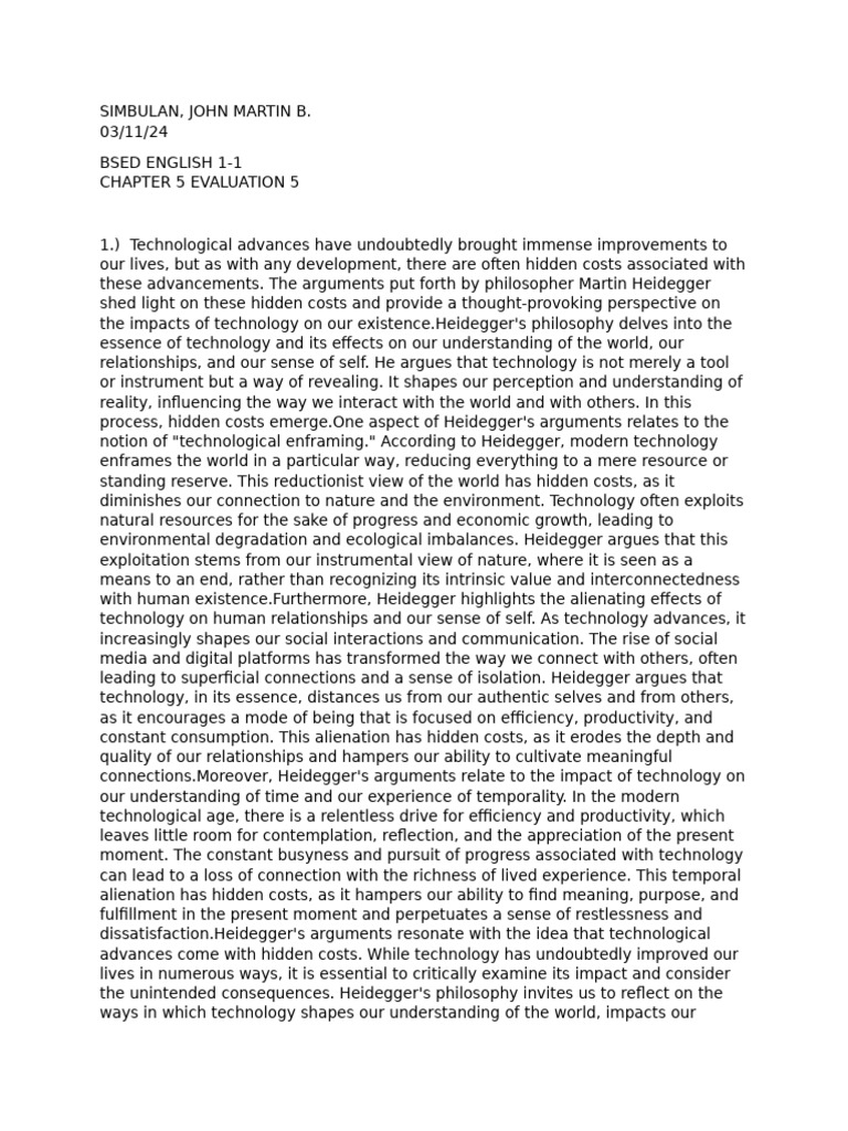 Chapter 5 Evaluation 5 (Simbulan) | PDF | Martin Heidegger | Experience