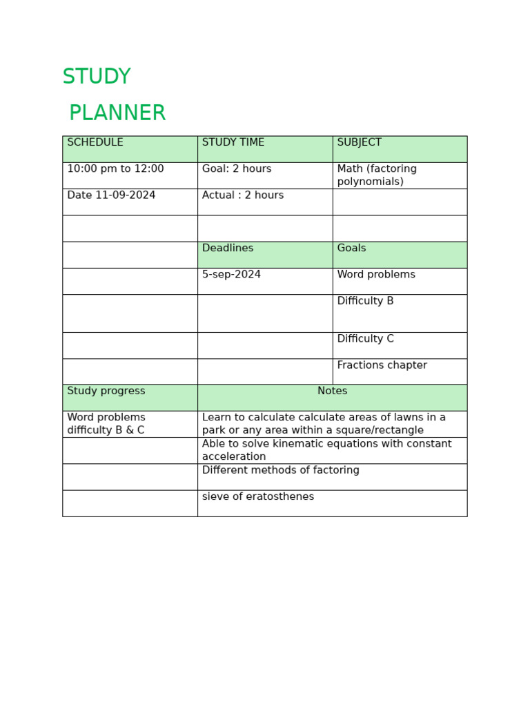 Study Planner for Math Mastery | PDF