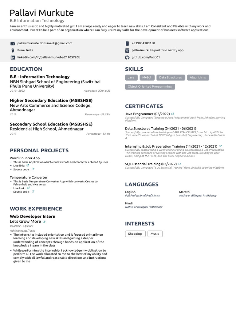 Pallavi's Resume | PDF | Software Engineering | Computer Science