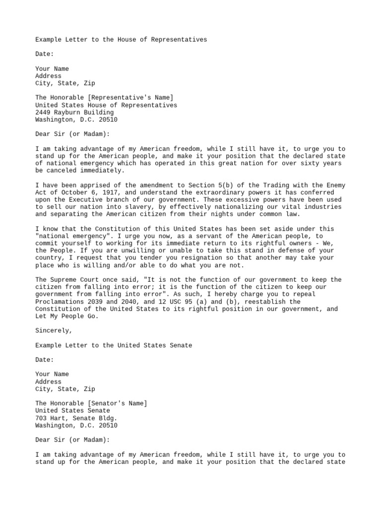 Example Letter To The House of Representatives | PDF | State Of ...