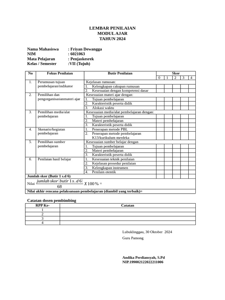 LEMBAR PENILAIAN RPP Friyan | PDF