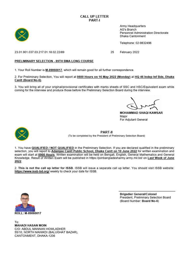 Call-Up-Letter | PDF | Schools | Secondary Education