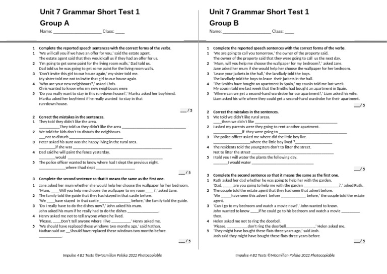 Unit 7 Grammar Short Test 1 A+B | PDF