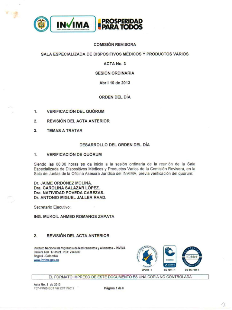 Acta Equipo No Requieren Invima | PDF
