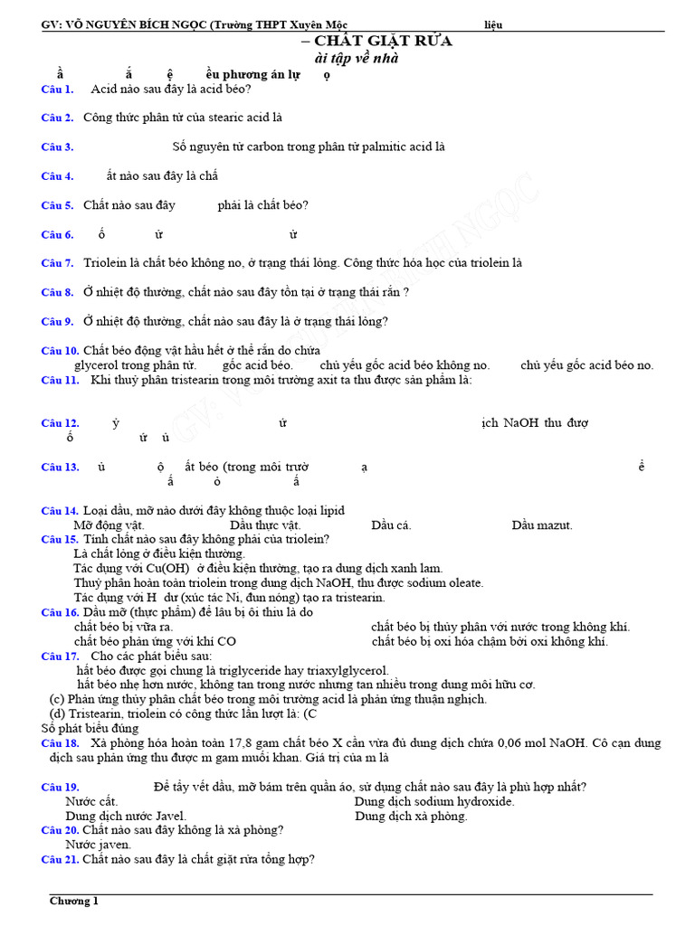 C1.3-LIPID CHẤT GIẶT RỬA -BTVN (HS) | PDF