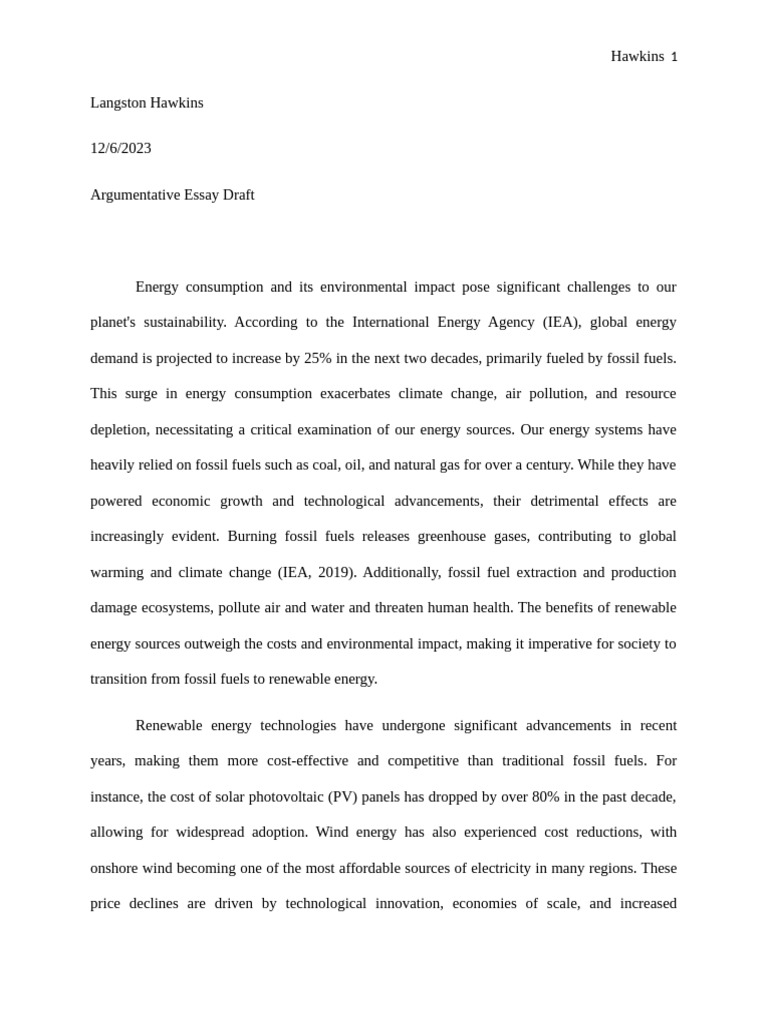 Argumentative Essay Langston | PDF | Renewable Energy | Energy Development